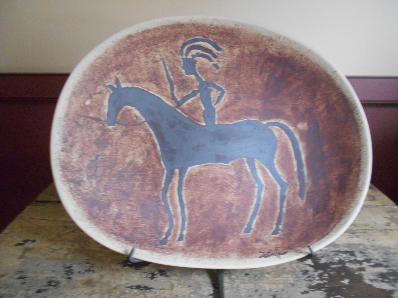 David Salk Pottery Platter with Native American Indian on Horse With ...