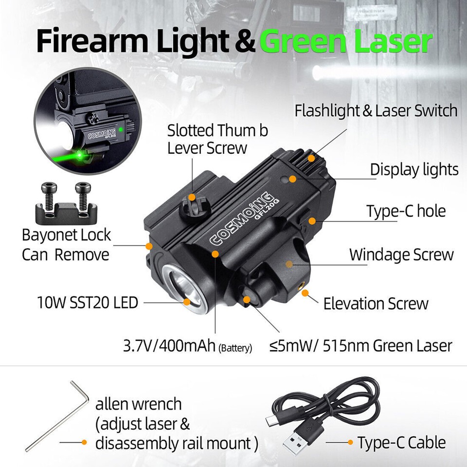 800 Lumens USB Rechargeable Green Laser Gun Weapon Pistol Light ...