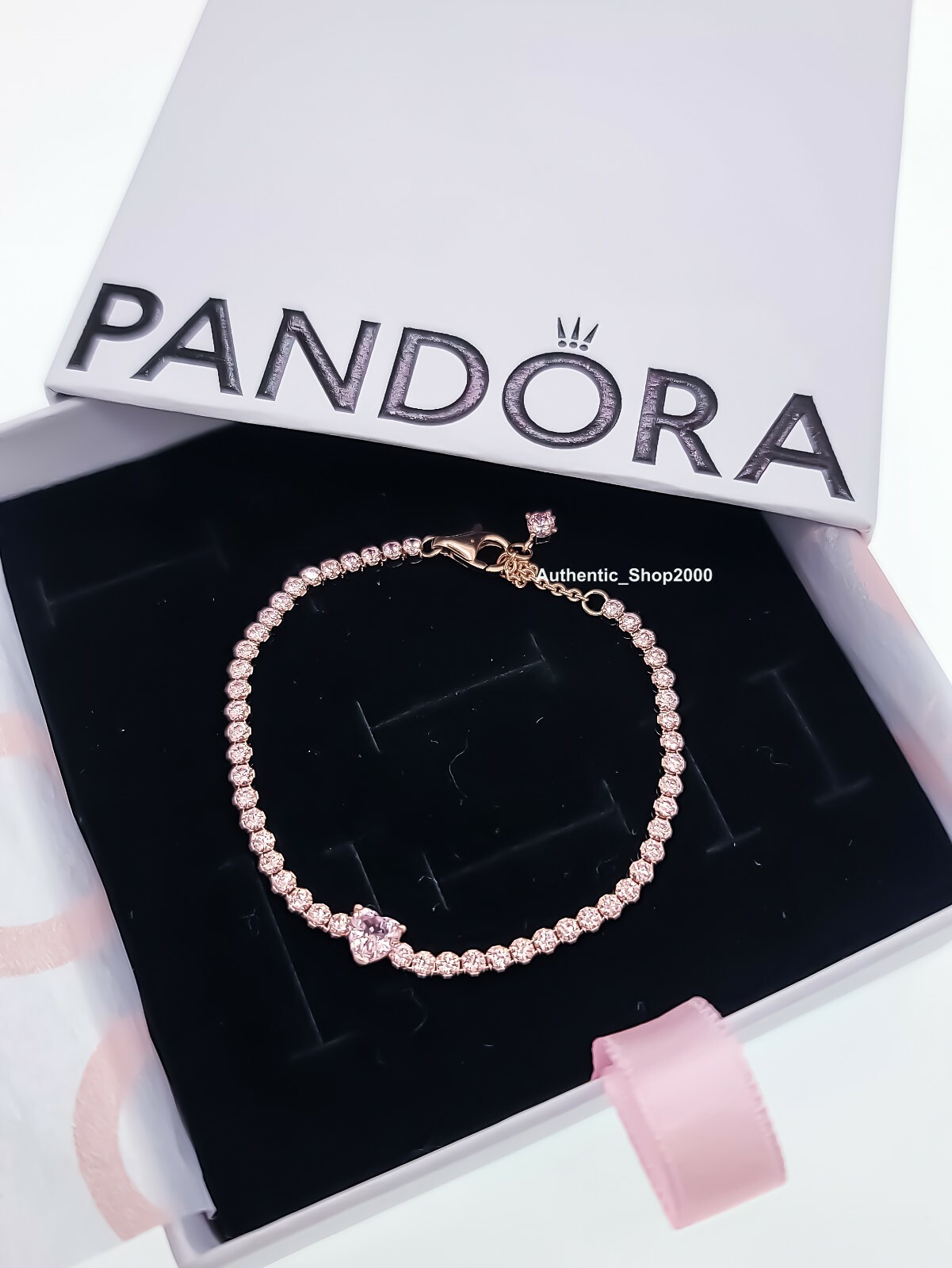 NEW 100% Authentic PANDORA Gold Pink Sparkling Heart Tennis Bracelet ...