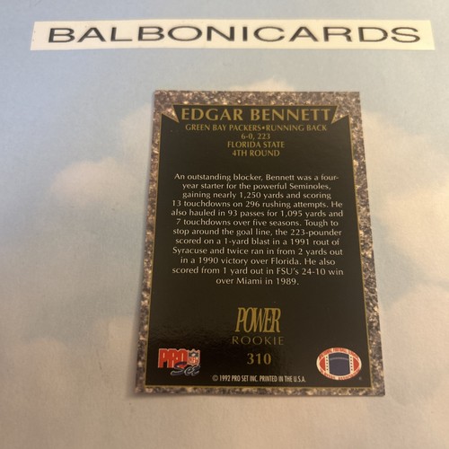 1992 Power Football Card #310 Edgar Bennett RC Rookie NM+ Free Shipping ...