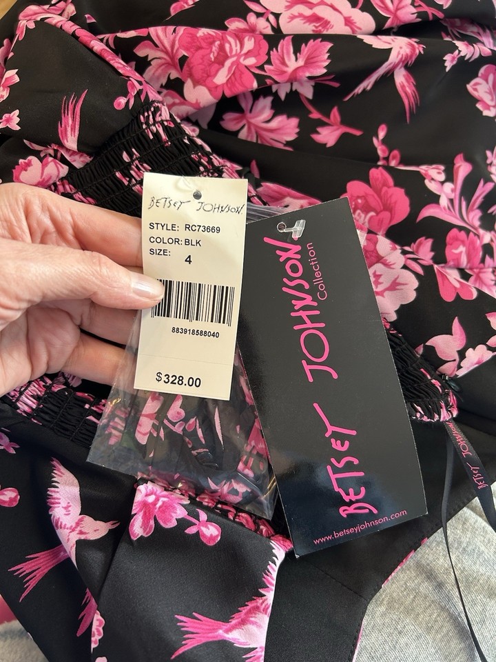 NWT Vintage Betsey Johnson Pink & Black Floral Blackbirds Strapless ...