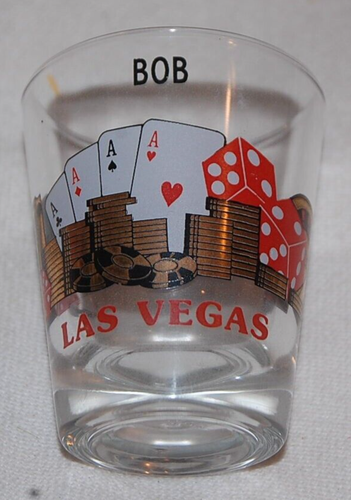 BOB LAS VEGAS SOUVINER SHOT GLASS NICE GRAPHICS CARDS DICE ROULLETTE ...