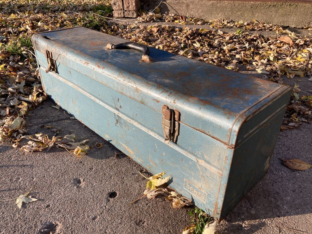 Vintage Metal Tool Box Rusty Distressed 32-in Sears Blue Steel Storage ...