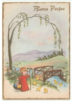 1964 Easter Angel Basket Easter Eggs Bridge River Geese Card Vintage ...