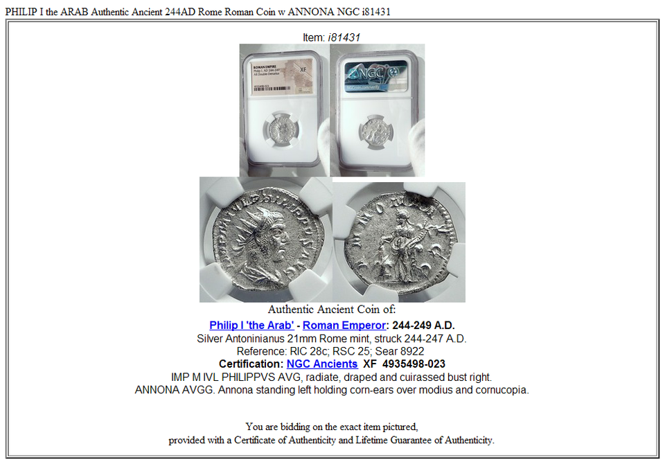 PHILIP I the ARAB Authentic Ancient 244AD Rome Roman Coin w ANNONA NGC ...