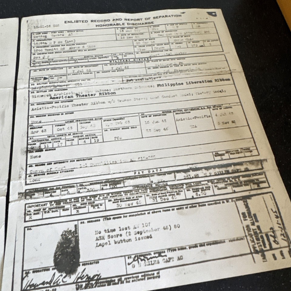 Vintage 1945 WW II Army Soldier Honorable Discharge Papers Separation ...