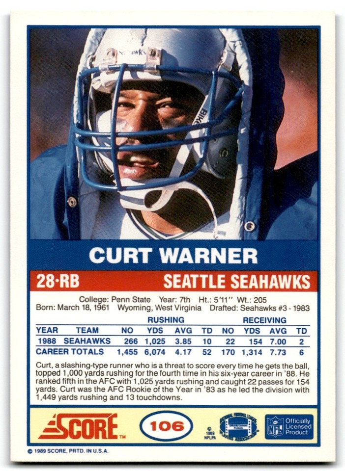 1989 Score Curt Warner Seattle Seahawks #106 | eBay