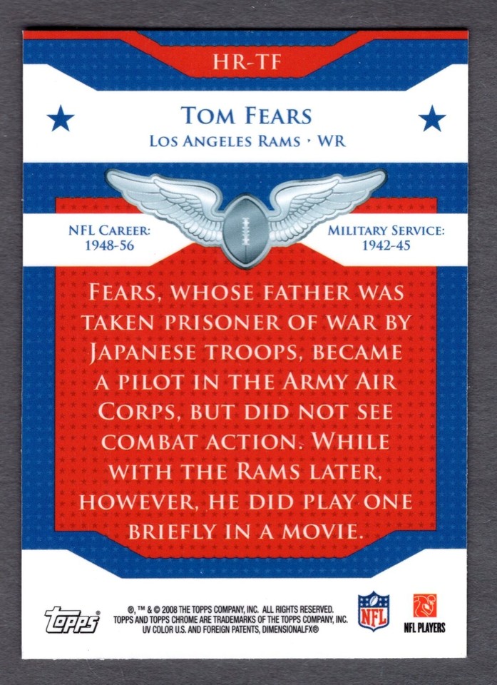 2008 TOPPS CHROME HONOR ROLL TOM FEARS INSERT CARD #HR-TF **NM-MT ...