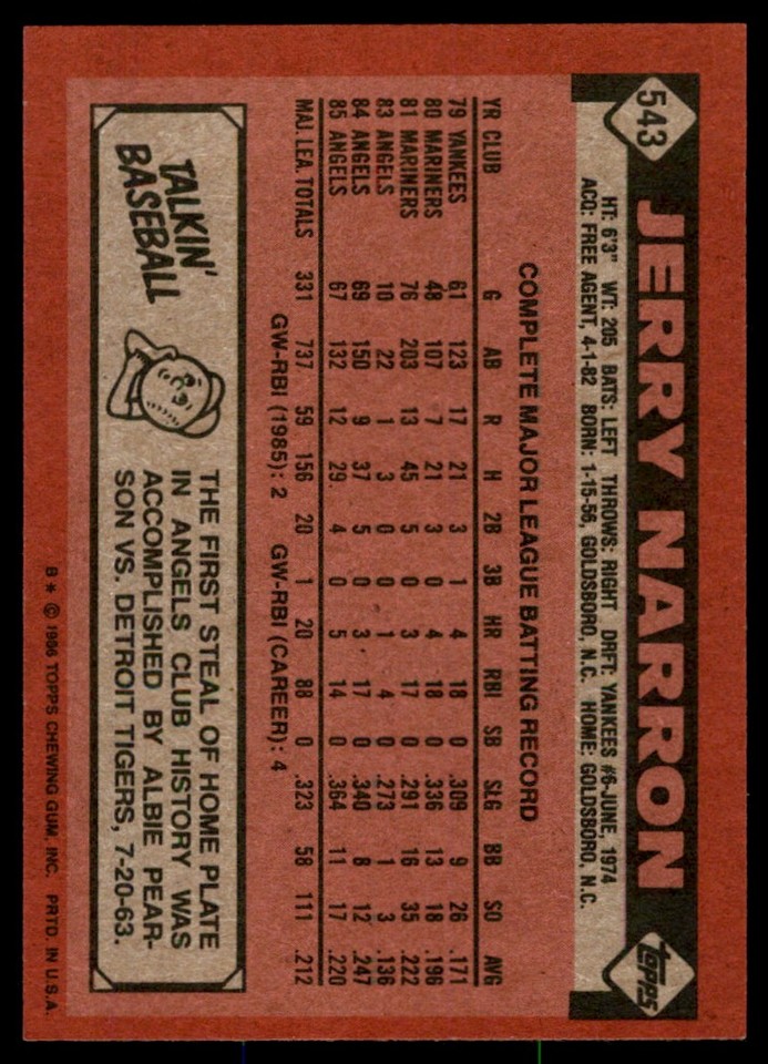 Jerry Narron 1986 Topps #543 Angels MLB READ FREE SHIPPING AutographDen ...