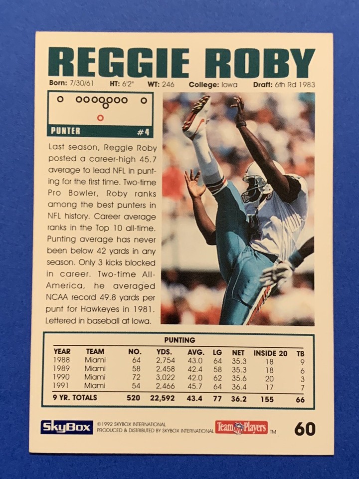 REGGIE ROBY (Dec) Signed 1992 Impact Miami Dolphins Iowa Hawkeyes ...