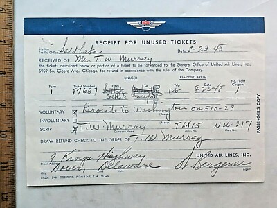 1948 United Airlines Passenger's Copy, Receipt for Unused Tickets Form ...