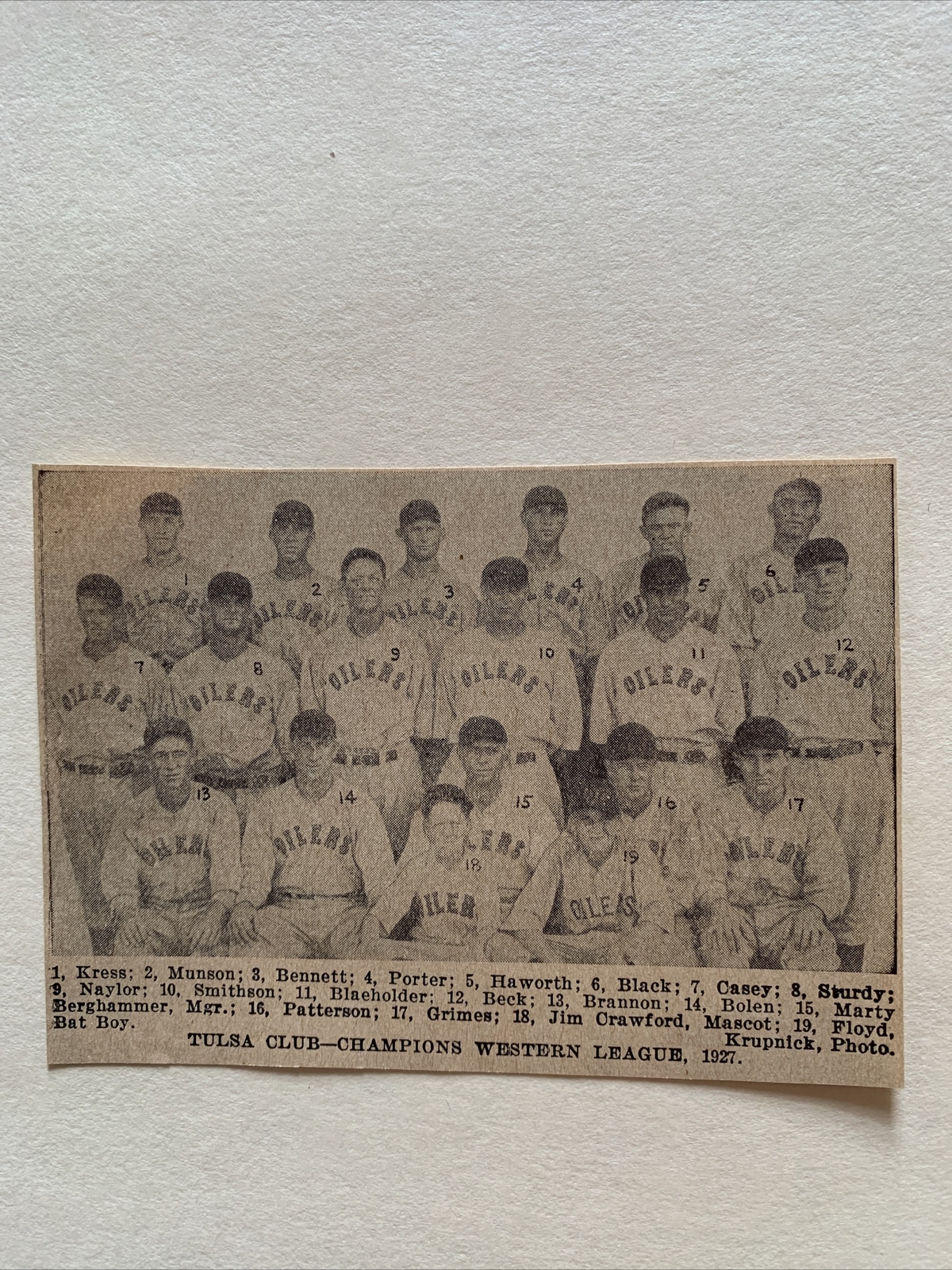 Tulsa Oilers Red Kress George Blaeholder R. Naylor 1927 Baseball Team ...