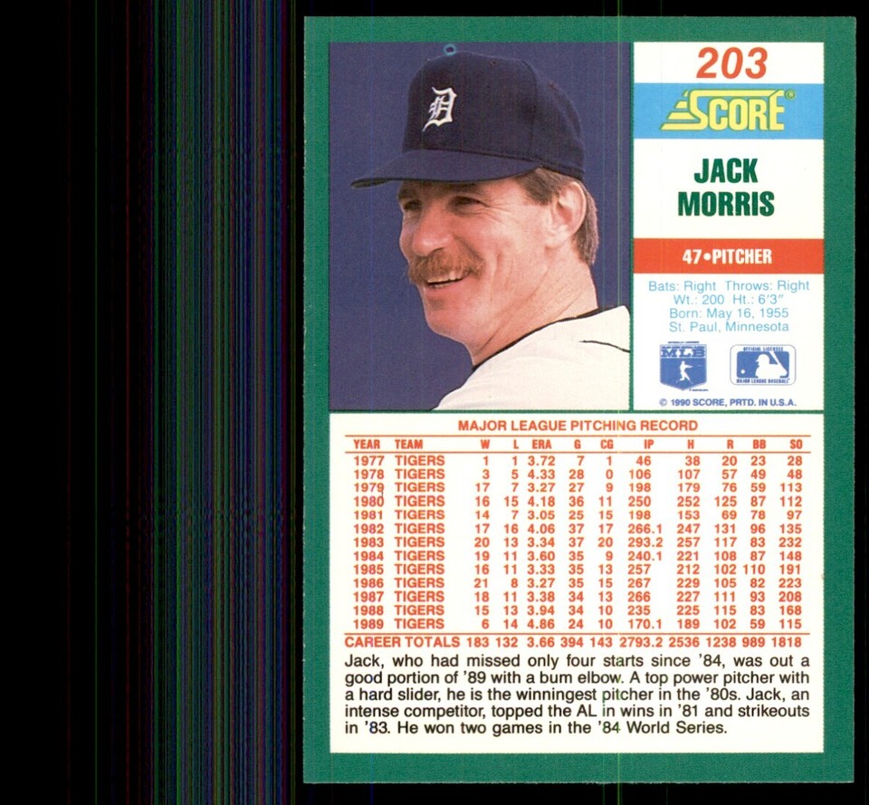 1990 Score Jack Morris Baseball Cards #203 | eBay