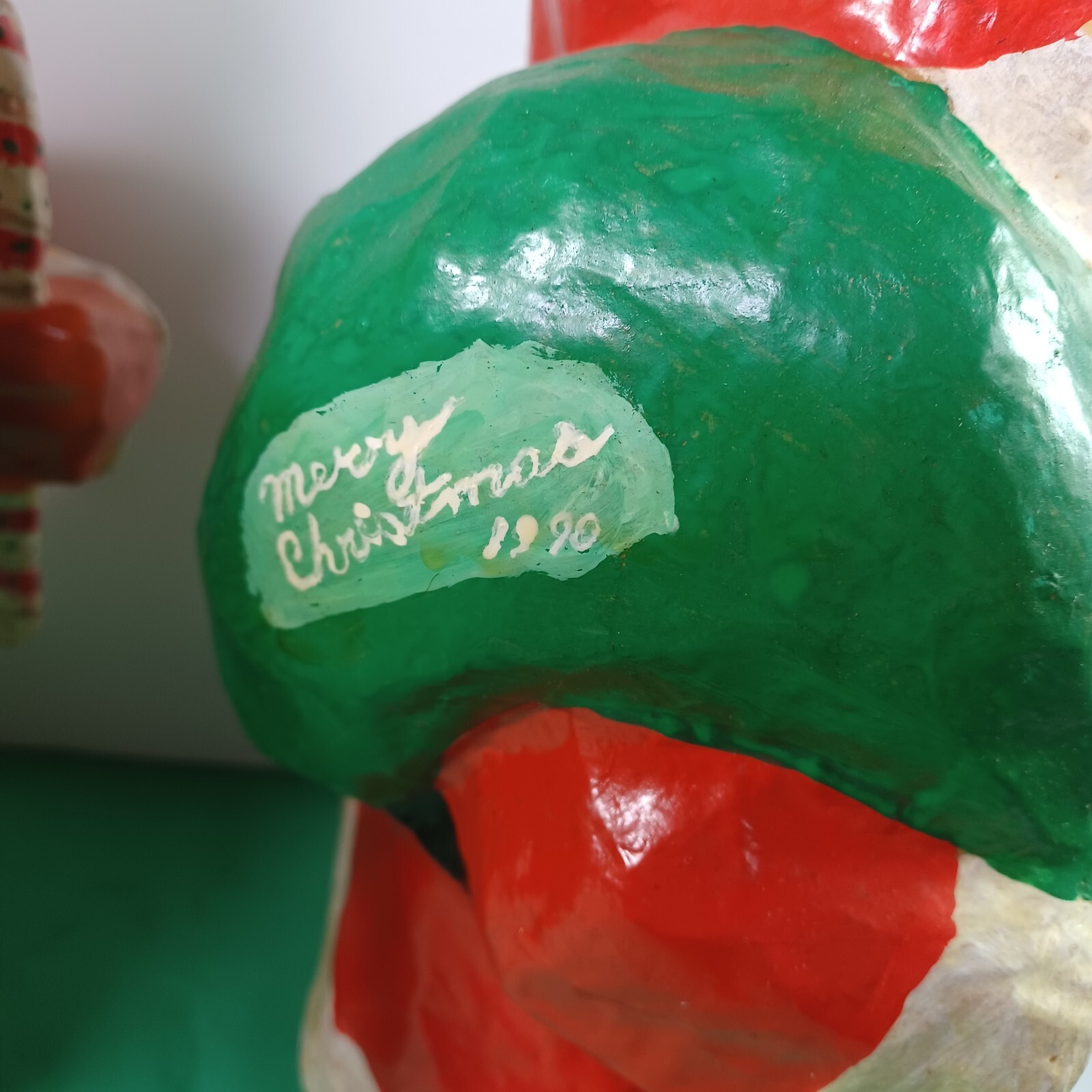 Vintage Paper Mache Santa Claus Pair Red Suit Candy Cane Trim Sack 12.5 ...