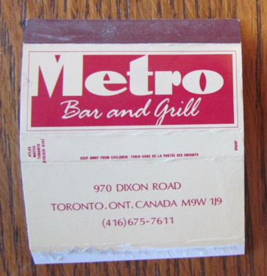 TORONTO, ONTARIO MATCHBOX COVER: METRO BAR & GRILL EMPTY MATCHCOVER ...