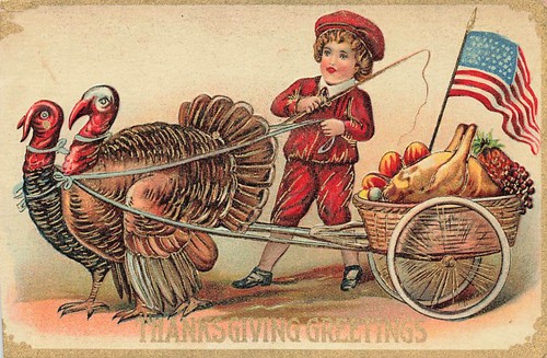 c1910 Fantasy Anthropomorphic Turkeys Pull Cart Boy Flag Thanksgiving ...