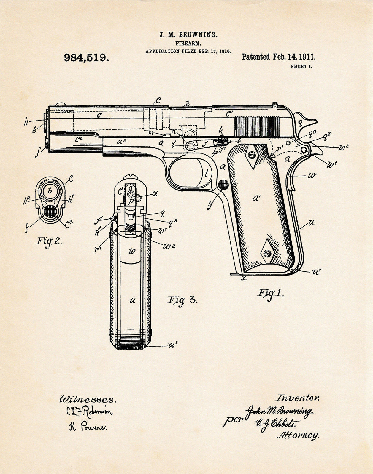 1911 Colt 45 Automatic Browning Revolver US Patent Art Print Drawing ...