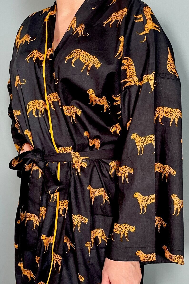 New Indian Black Tiger Print Women's Kimono Cotton Bath Robes Maxi ...