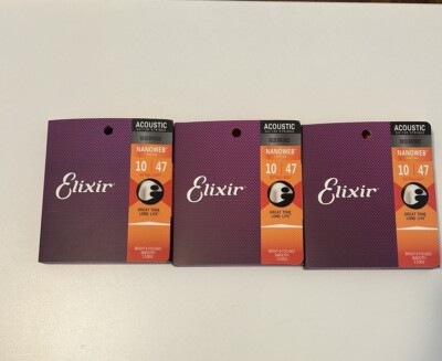 3 Sets Elixir 11152 String Light Nanoweb Acoustic Guitar Strings 10-47 ...