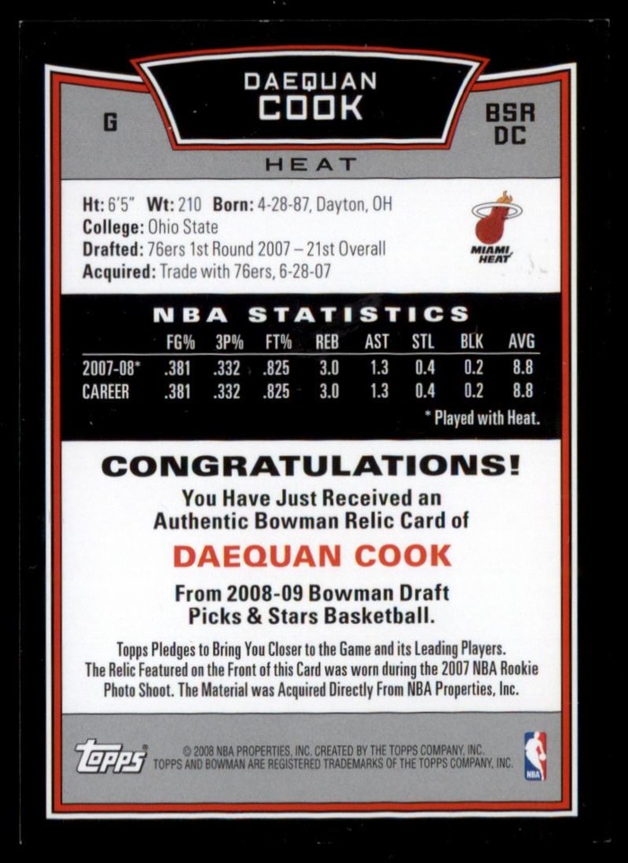 2008-09 Bowman Daequan Cook Miami Heat #BSRDC | eBay