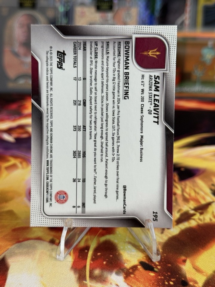 2025 Bowman U University Chrome #196 Sam Leavitt Arizona State 1st ...