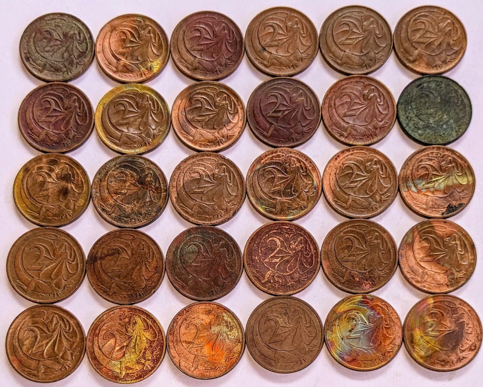 1 - 2 CENT COINS 2 x 1966 + 6 x 1968 AUSTRALIA RARE RAINBOW TONES 30x ...