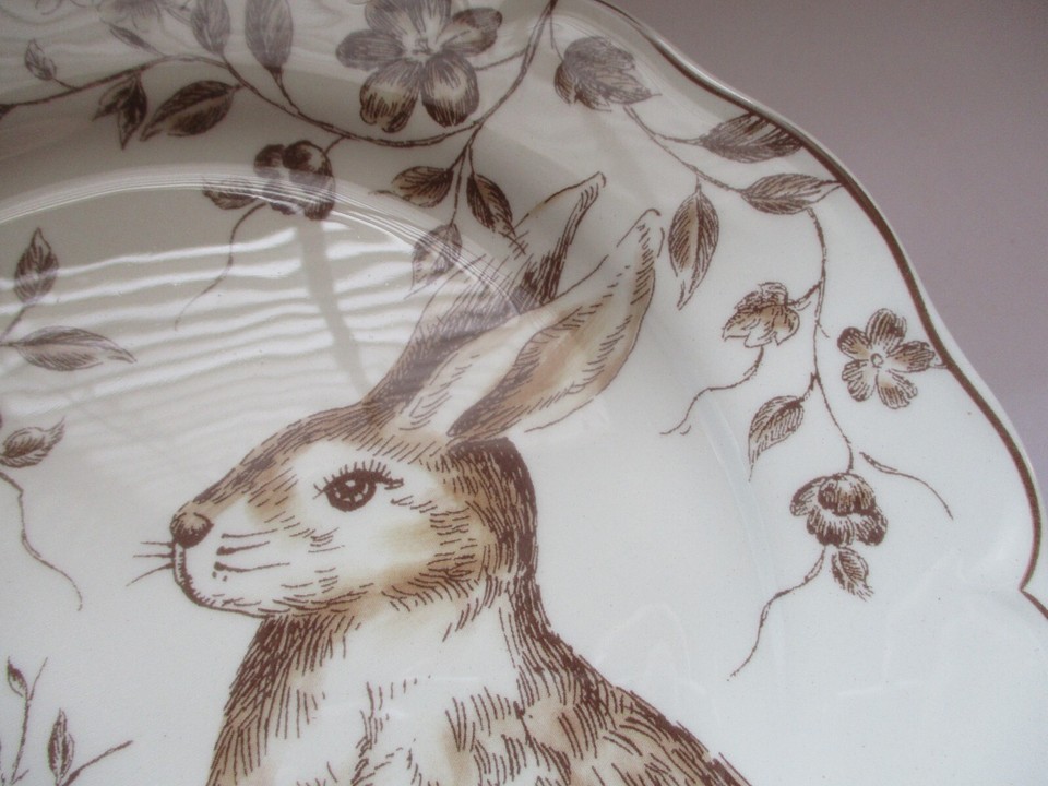 Set of 4 Maxcera Bunny Rabbit Floral Toile BROWN Scalloped SALAD Plates ...