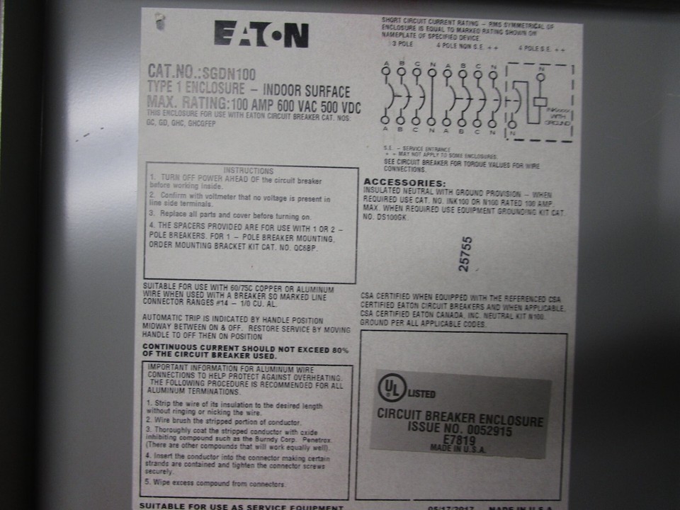 EATON Type 1 Circuit Breaker Enclosure SGDN100 With GD22K 15 amp ...