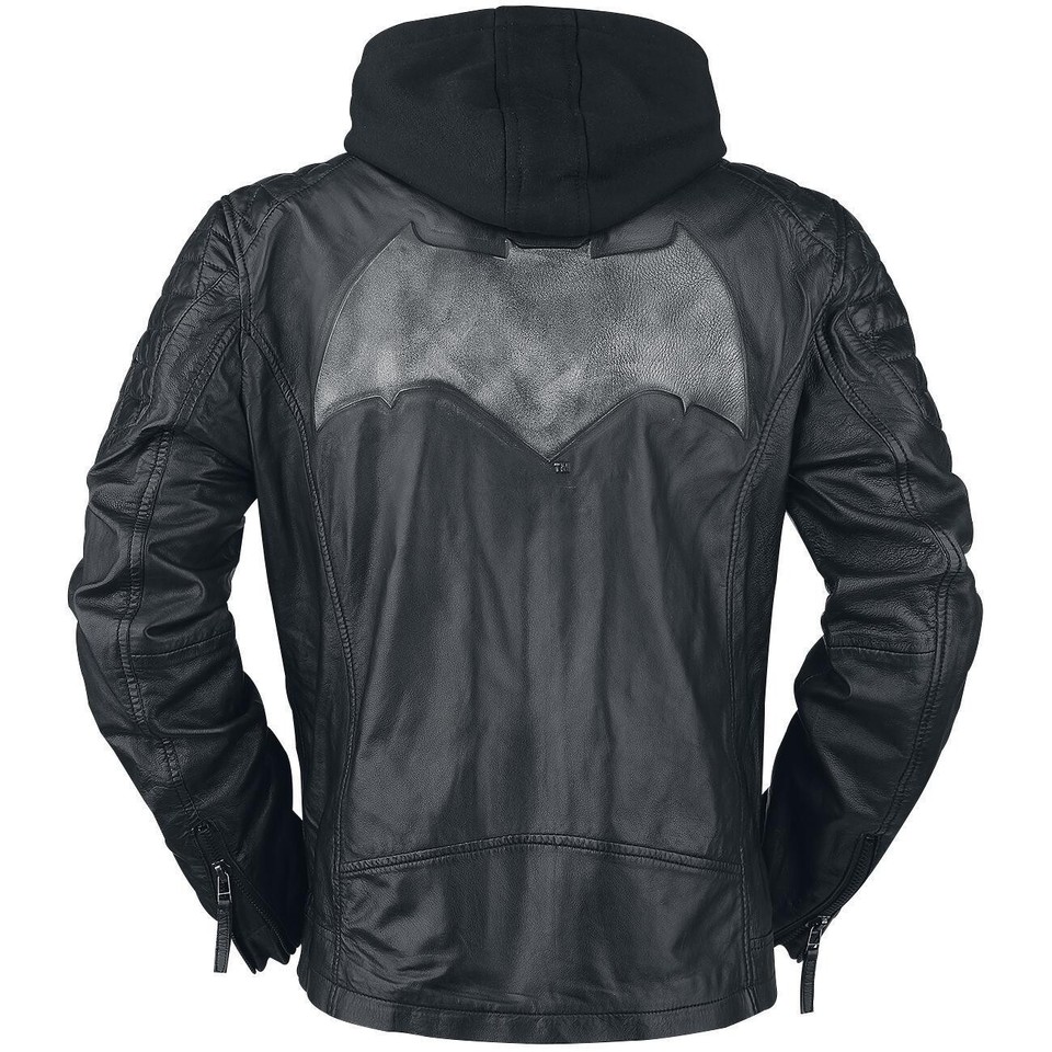Batman Distressed Logo Biker Black Real Leather Jacket with Removable ...