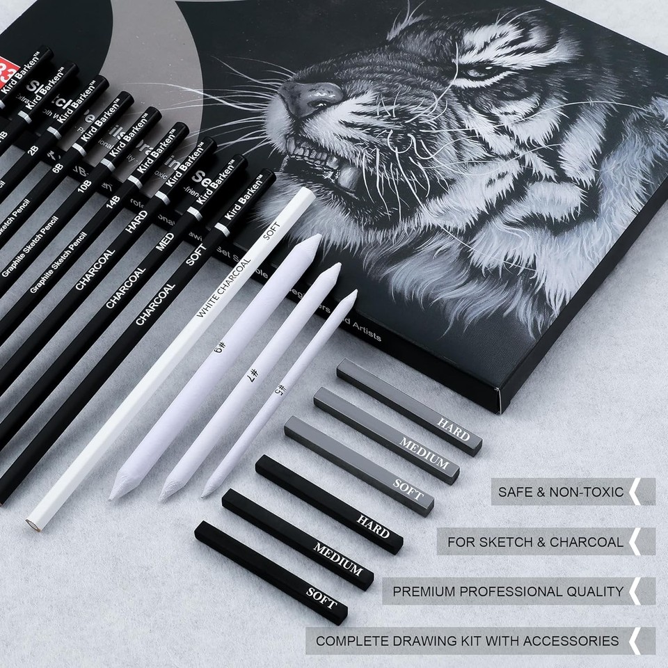 33 Piece Sketching Pencil Set - 5H to 14B Pencils, Charcoal Pencils ...