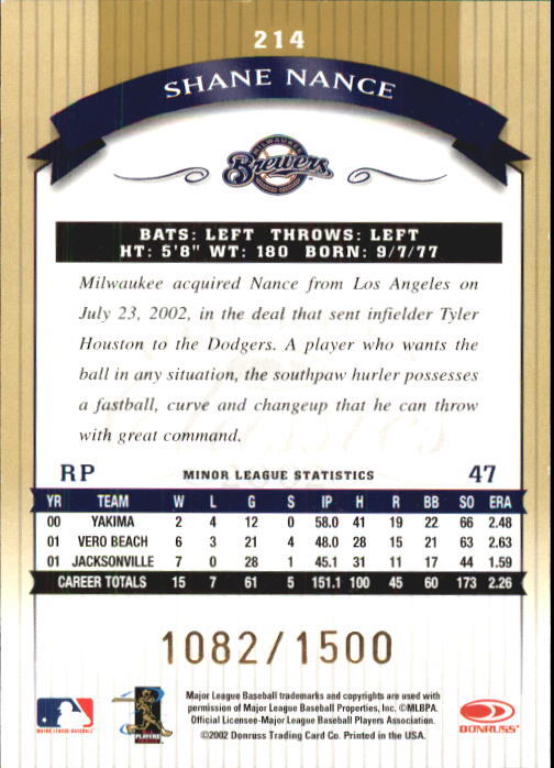 2002 Donruss Classics #214 Shane Nance ROO RC | eBay