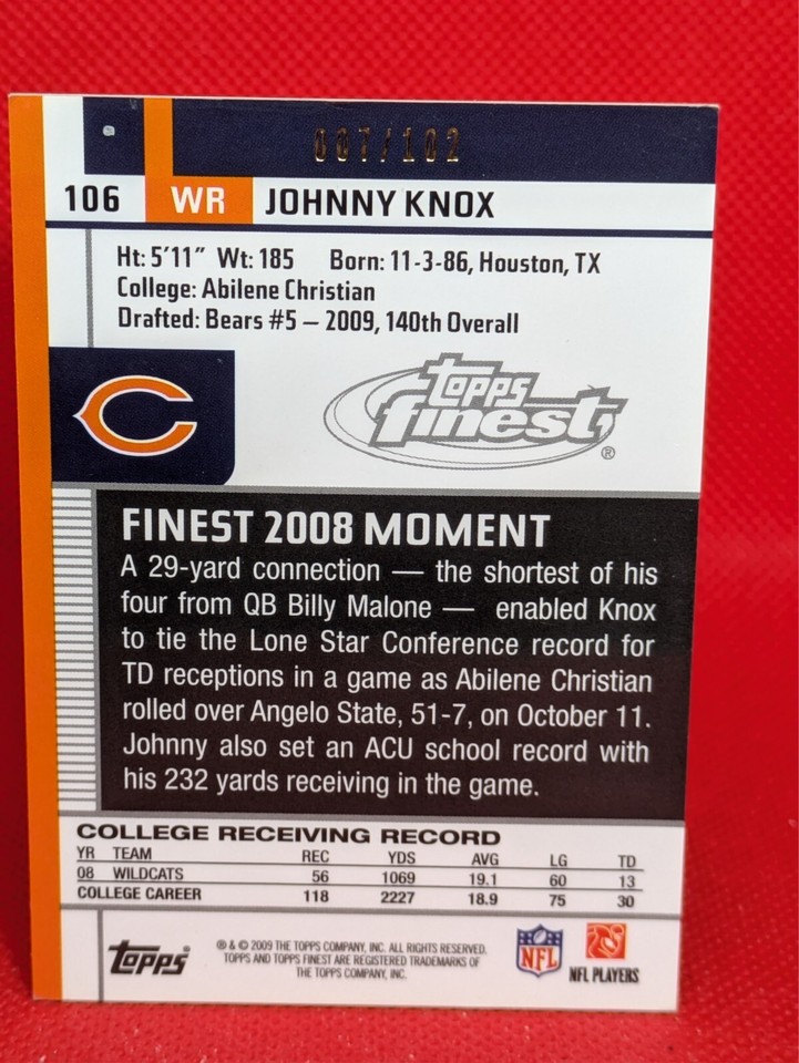 JOHNNY KNOX 2009 TOPPS FINEST ROOKIE AUTOGRAPHED PATCH CARD **7/102 ...