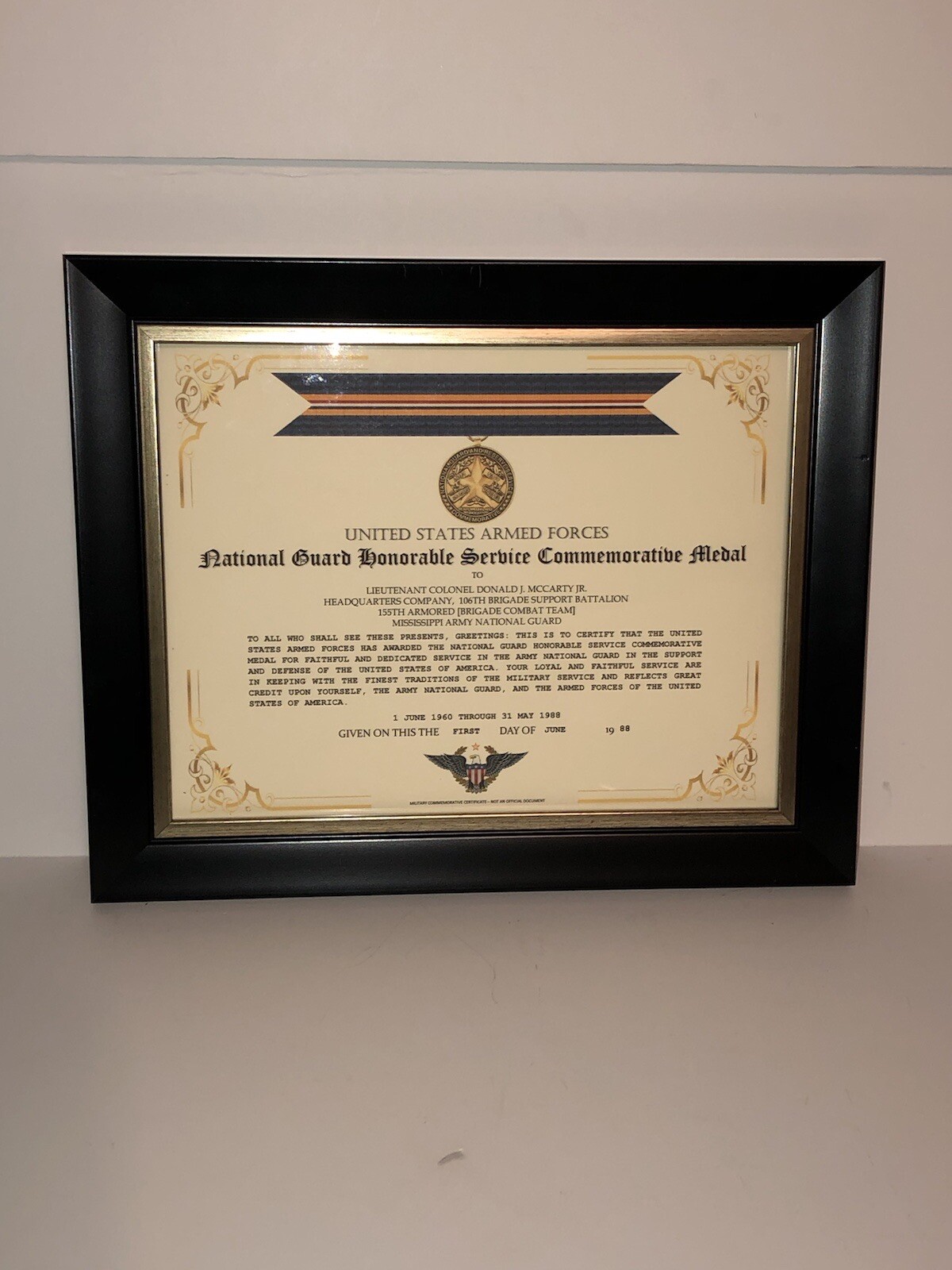 NATIONAL GUARD HONORABLE SERVICE COMMEMORATIVE MEDAL CERTIFICATE ~ Type ...