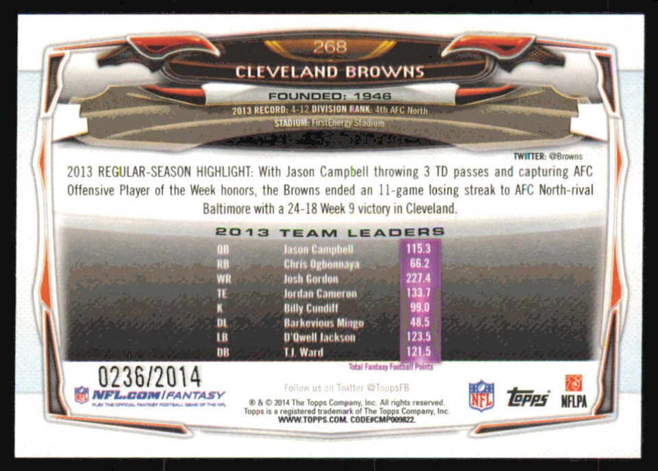 2014 Topps #268 Gold /2014 Cleveland Browns Cleveland Browns | eBay