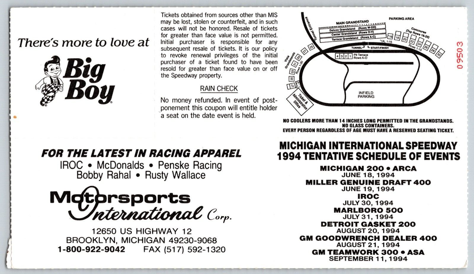 1994 Michigan International Speedway Indy Car Racing Ticket 7/31 seat ...