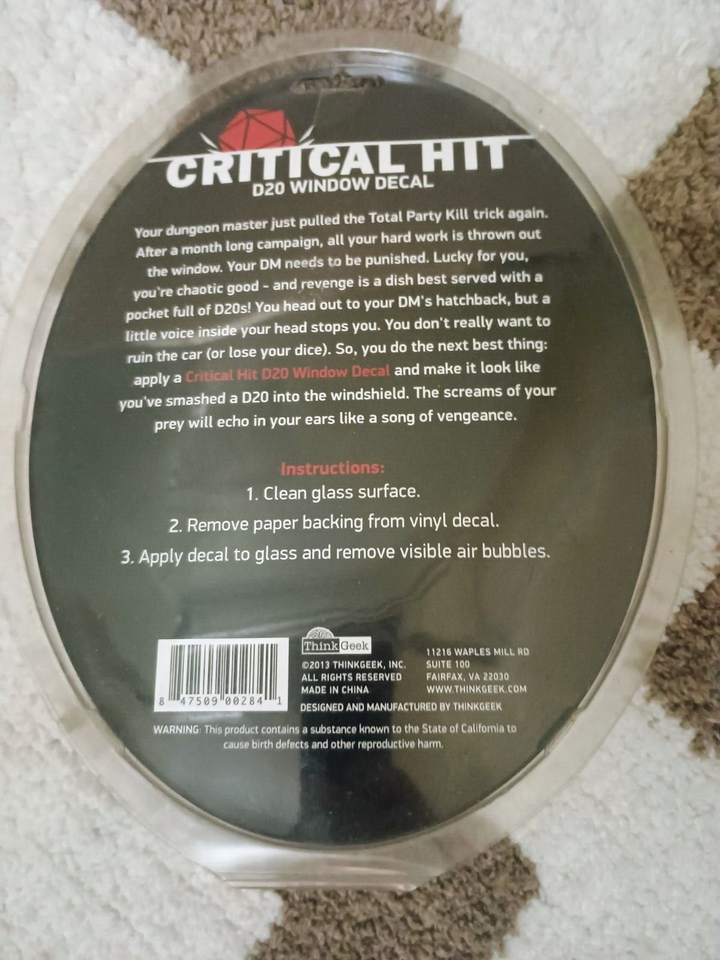 Critical Hit D20 Window Decal Die DND Blood Red 3D 2013 ThinkGeek NEW ...