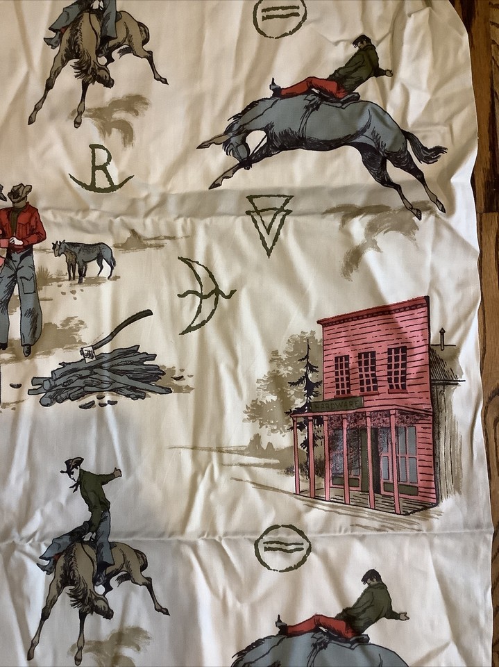 Vintage Cotton Remnant Fabric Cowboys Ranch Horses Brand Wild West Bull ...