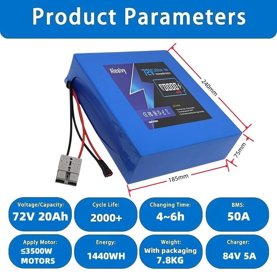 72V 20A Lithium ion E-Bike Battery 50A BMS 2400W Electric Motor battery ...