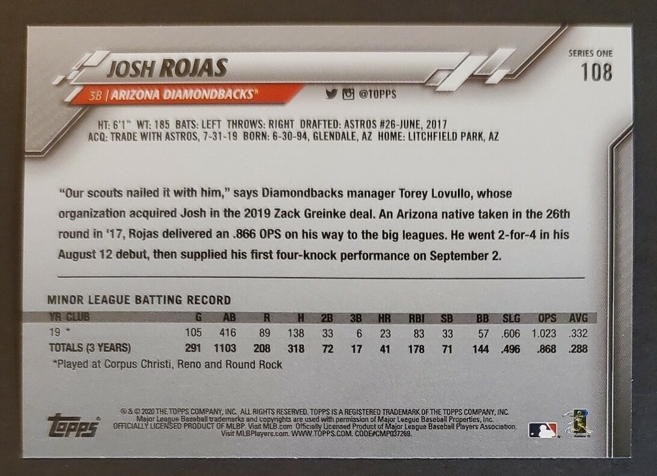 2020 Topps #108 Josh Rojas RC DIAMONDBACKS Rookie baseball card NM/MT ...