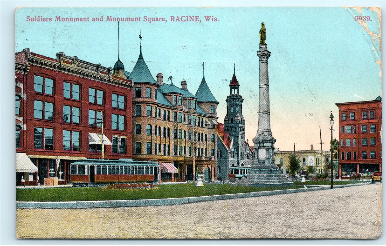 Racine WI Wisconsin Soldiers Monument Square Trolley 1911 Vintage ...