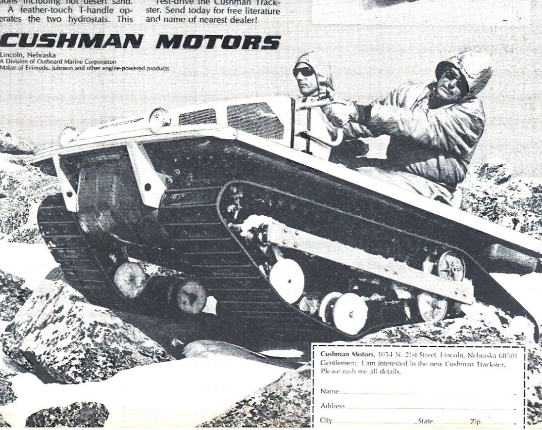 1970 CUSHMAN TRACKSTER ATV ADVERTISING " ROCKS, SAND, MUD, AND SNOW ...