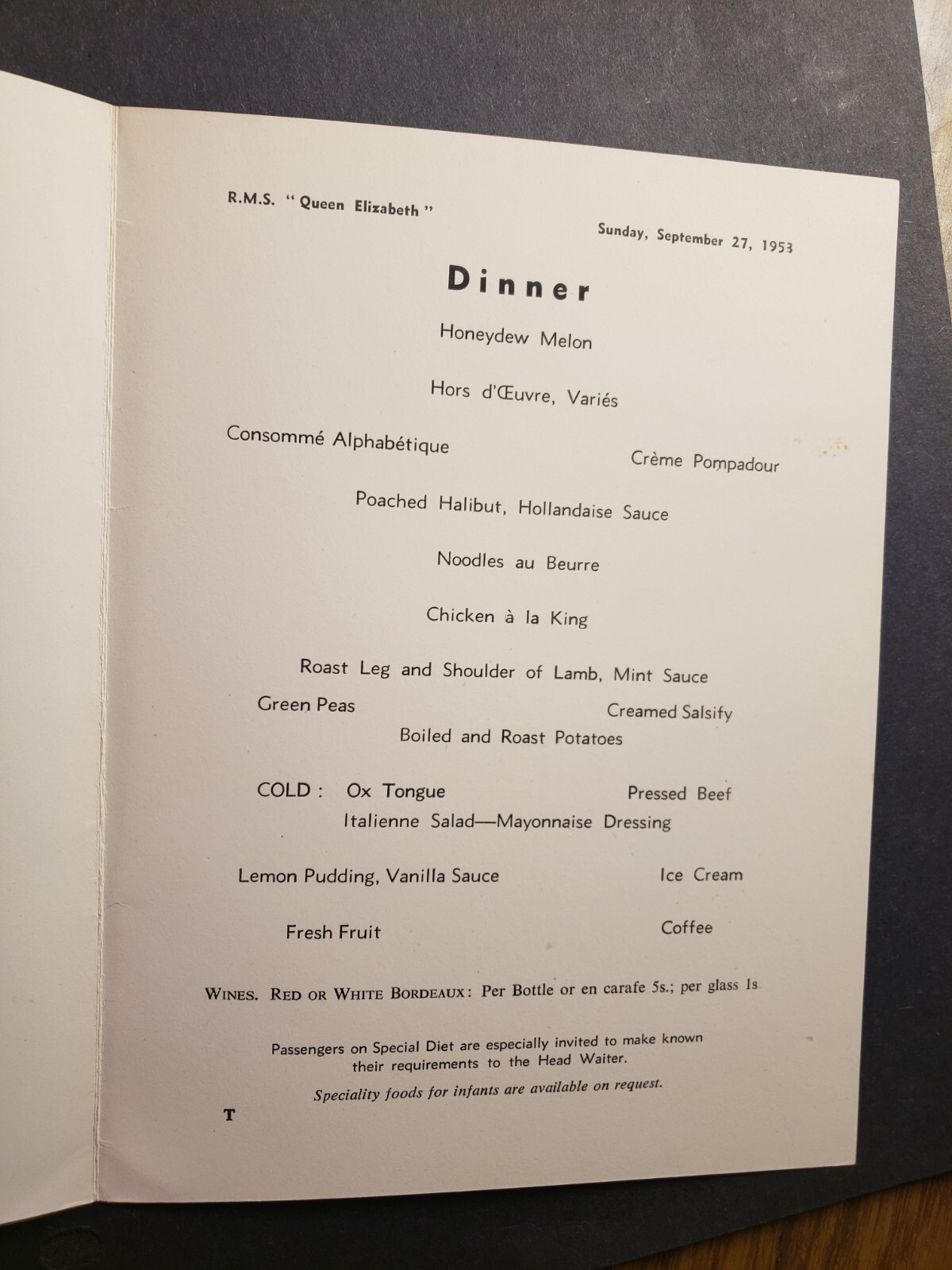 Ship RMS QUEEN ELIZABETH, Cunard Line 1953 Naval MENU | eBay