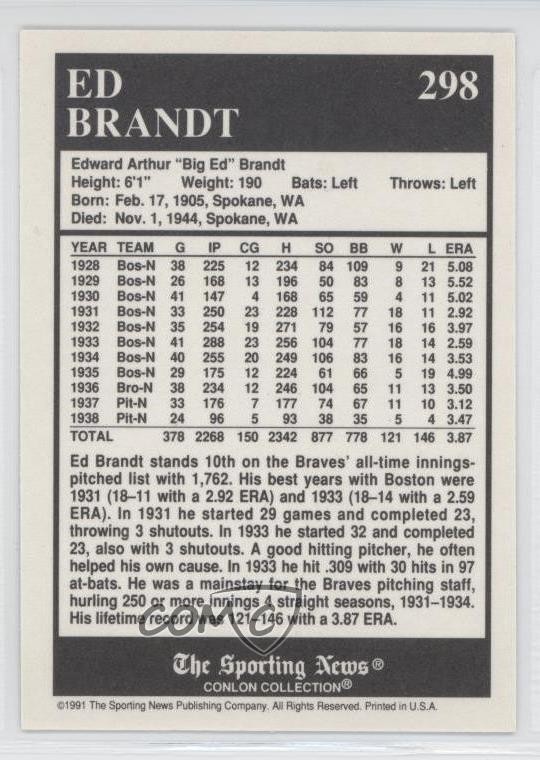 1991 The Sporting News Conlon Collection No MLB Logo on Back Ed Brandt ...