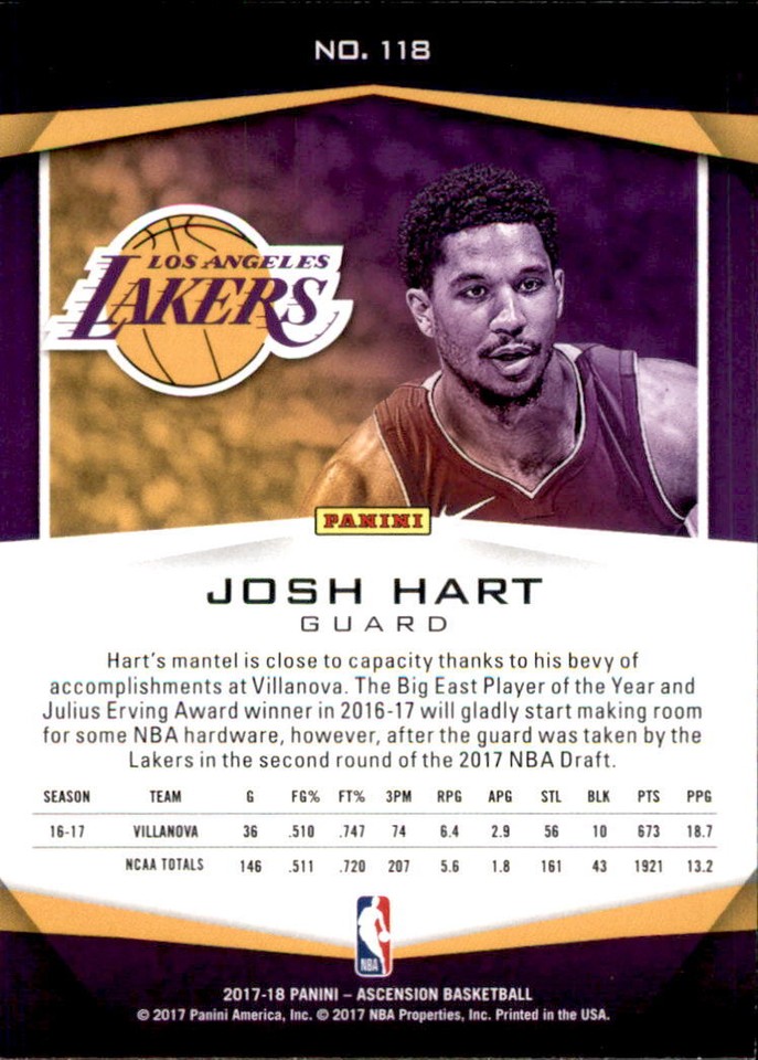 2017-18 Panini Ascension #118A Josh Hart Los Angeles Lakers Rookie NBA ...