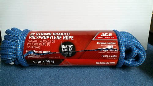 Ace 7810914, 32 Strand Braided Polypropylene Rope 1/2" x 50', FREE ...
