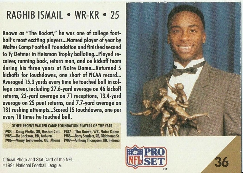 RAGHIB Rocket ISMAIL #36 PRO 91 SET NFL Notre Dame POTR RC Card NM LOT ...