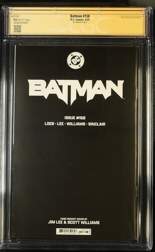 Batman #158 ~ 1:608 Sketch Cover by Jim Lee ~ CGC SS 9.6 Signed by Jeph ...