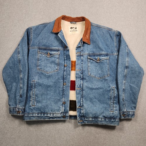 Schaefer Denim Jacket XXL Blue Blanket Lined Leather Collar Western ...