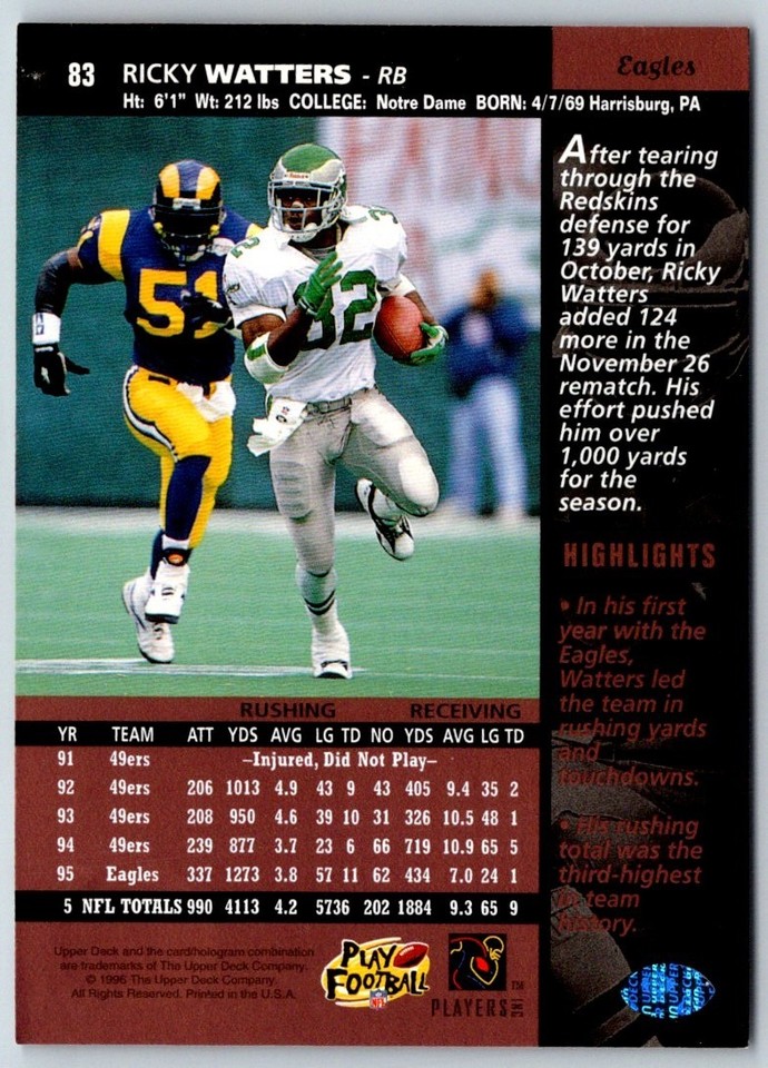1996 Upper Deck Ricky Watters #83 Philadelphia Eagles Football Card | eBay