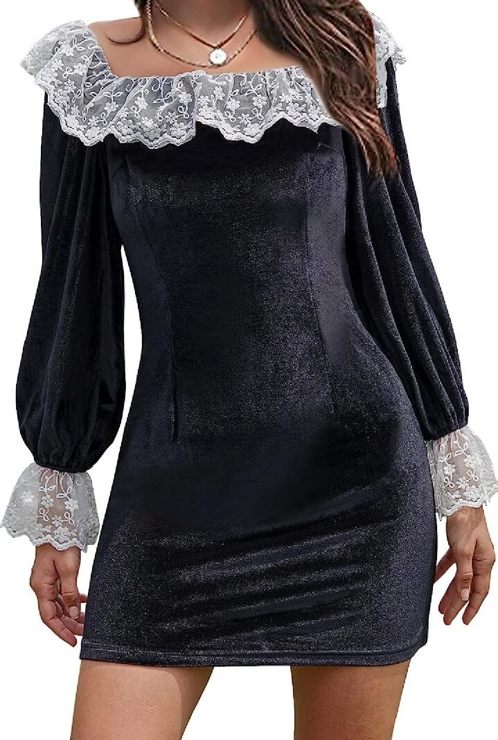Women’s velvet lace Ruffle Bodycon Square Neck black Victorian mini ...